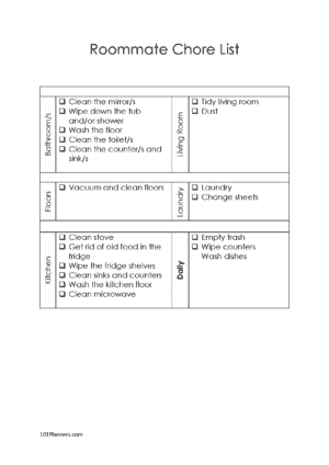 FREE Printable and Editable Roommate Chore Chart Templates
