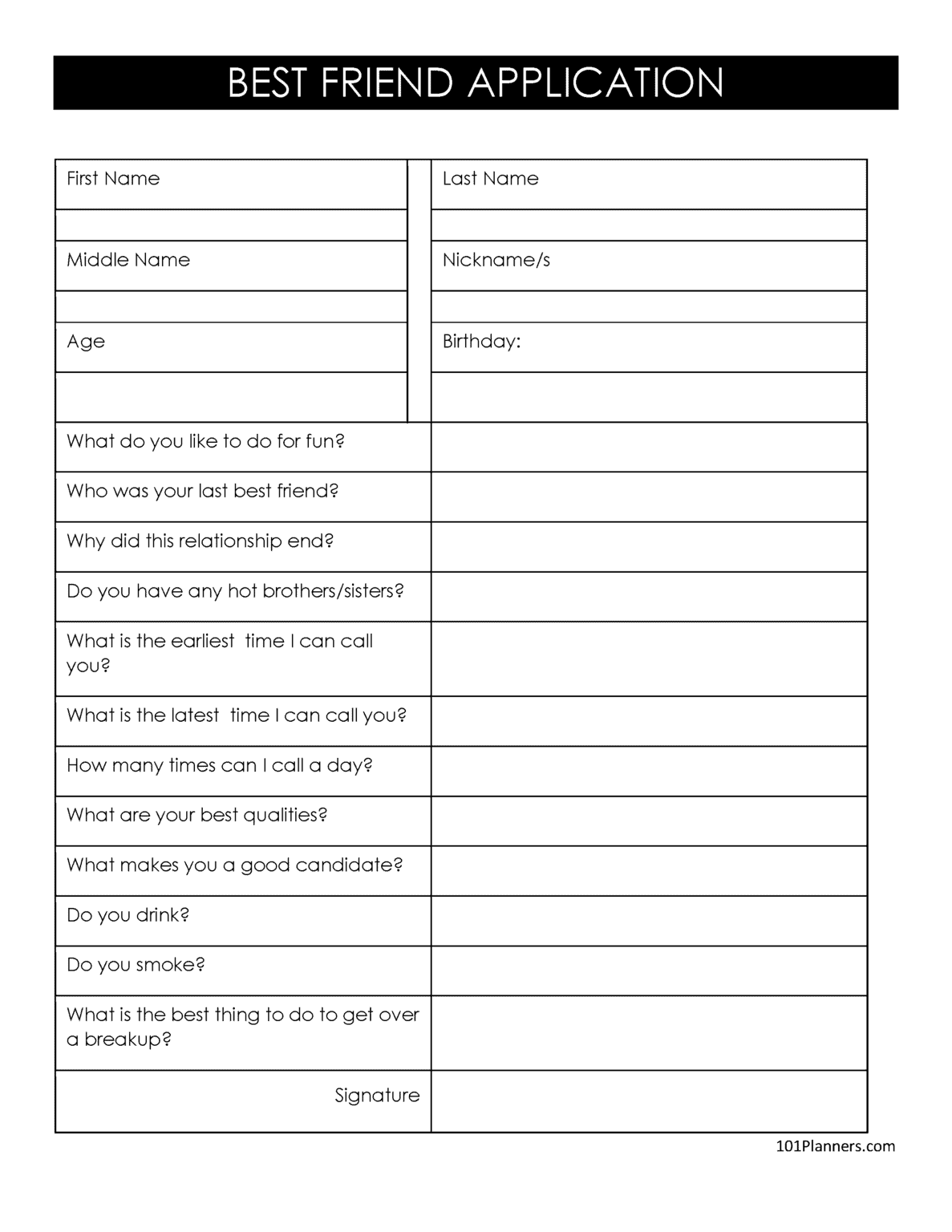 FREE Printable and Editable Best Friend Application