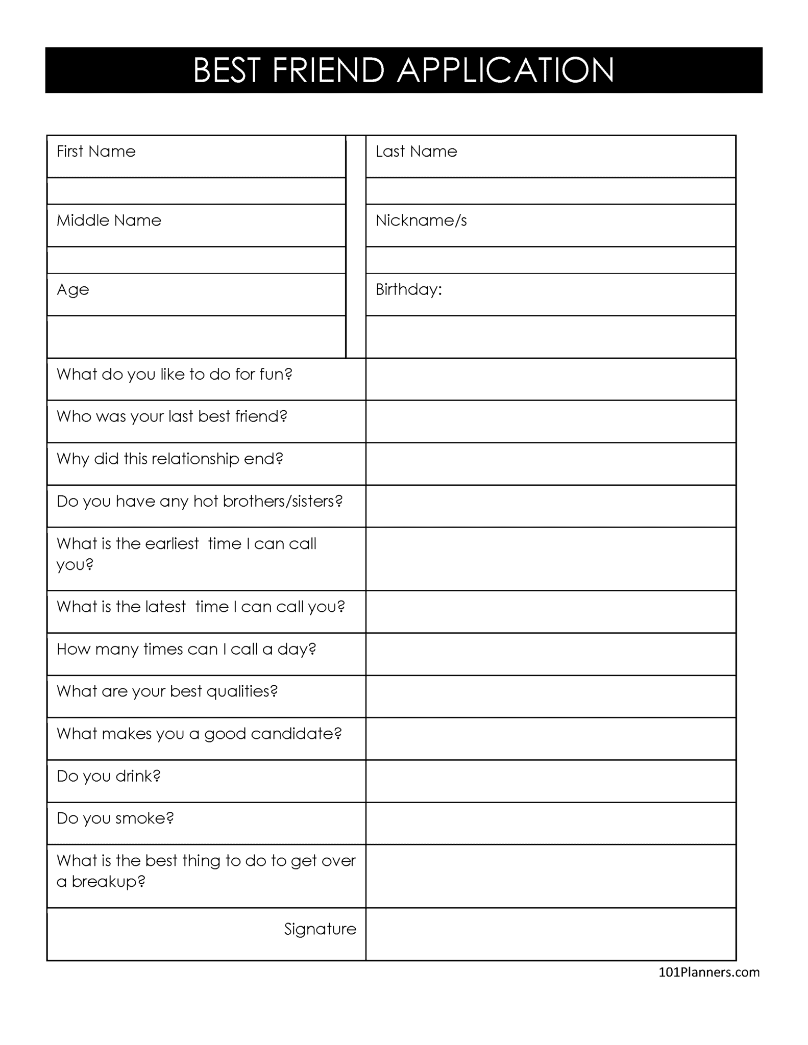 FREE Printable and Editable Best Friend Application