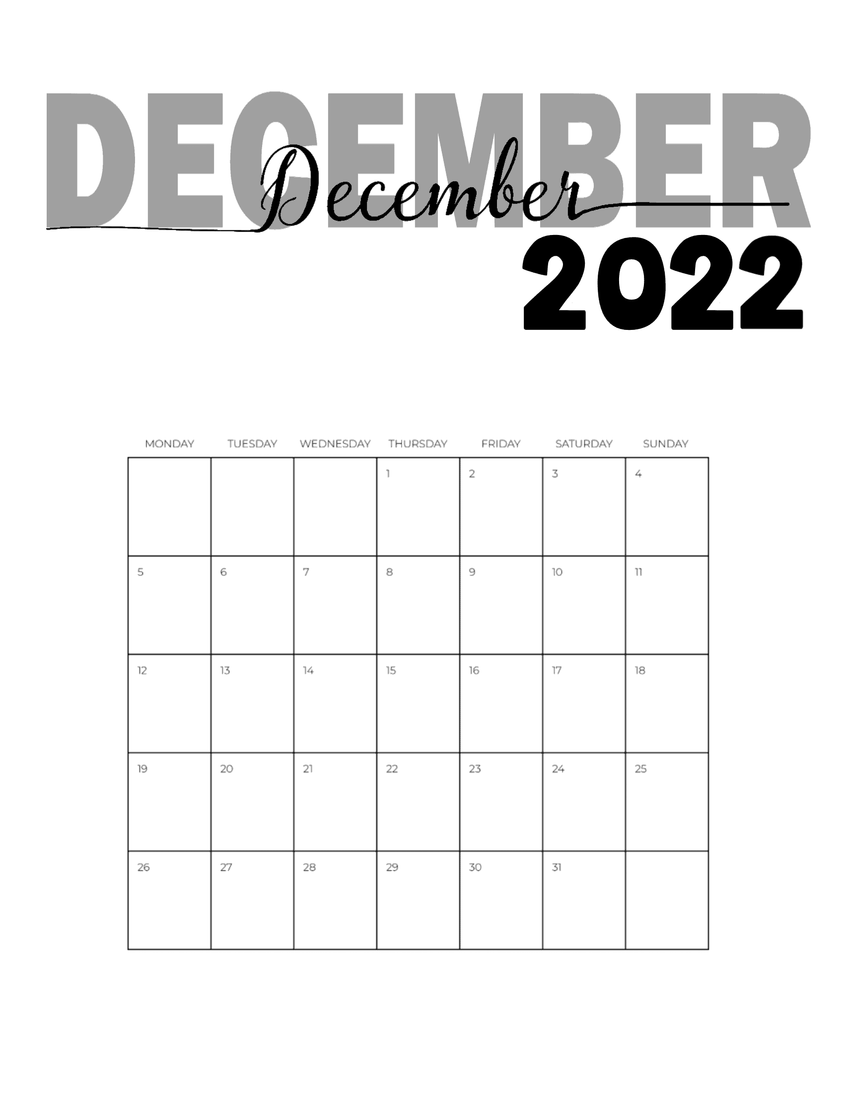 December 2022 Calendar | Instant download