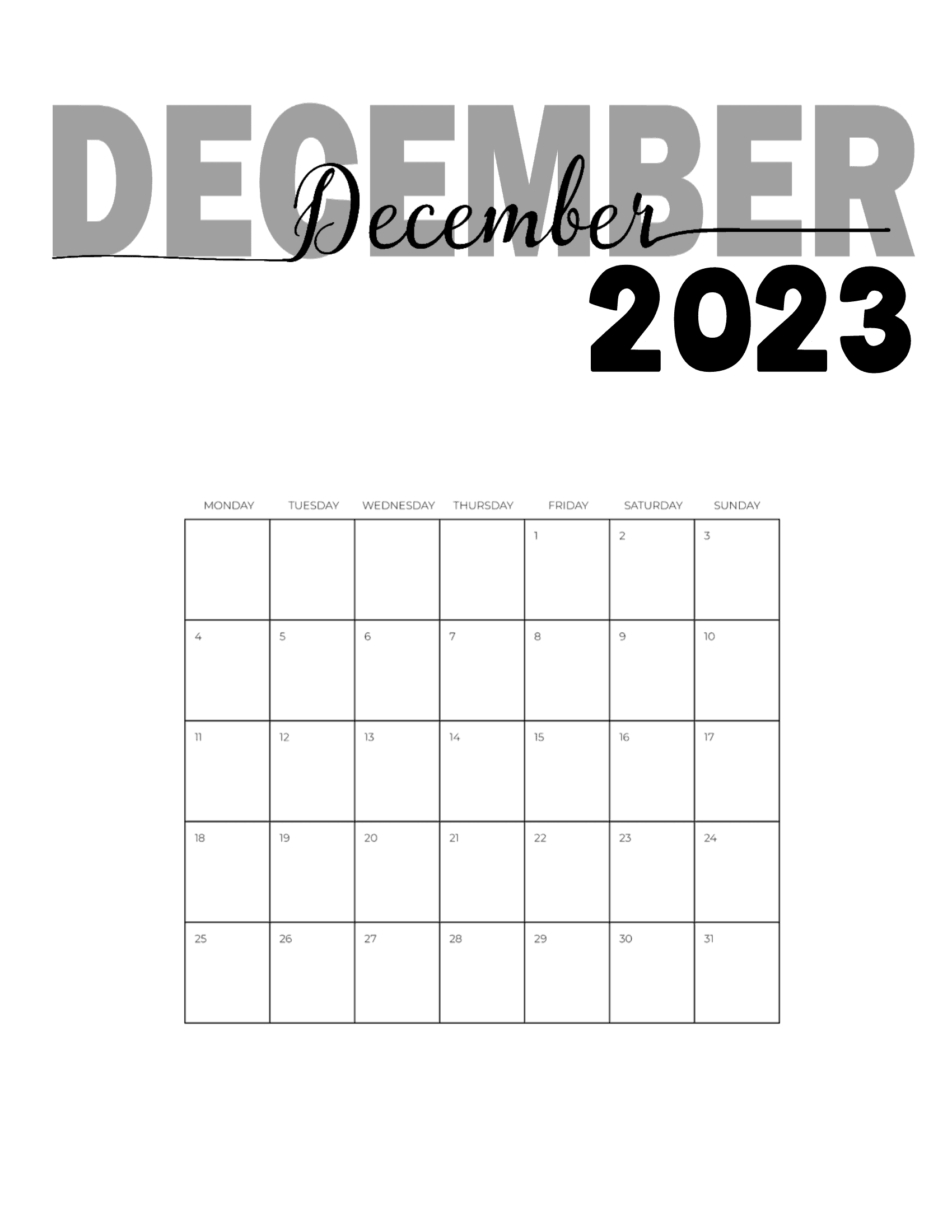 December 2023 Calendar | Instant download