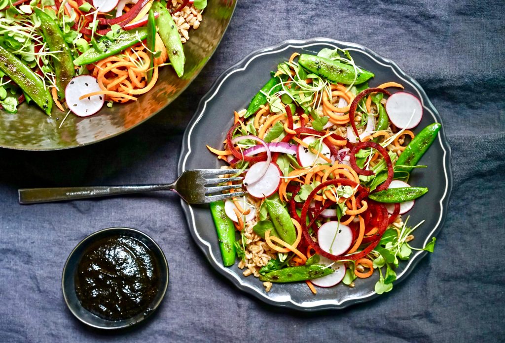 Grain Bowl with Charred Sugar Snap Peas and Black Sesame Dressing