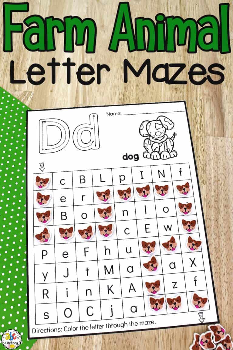 Farm Animal Letter Mazes: Letter Recognition Worksheets
