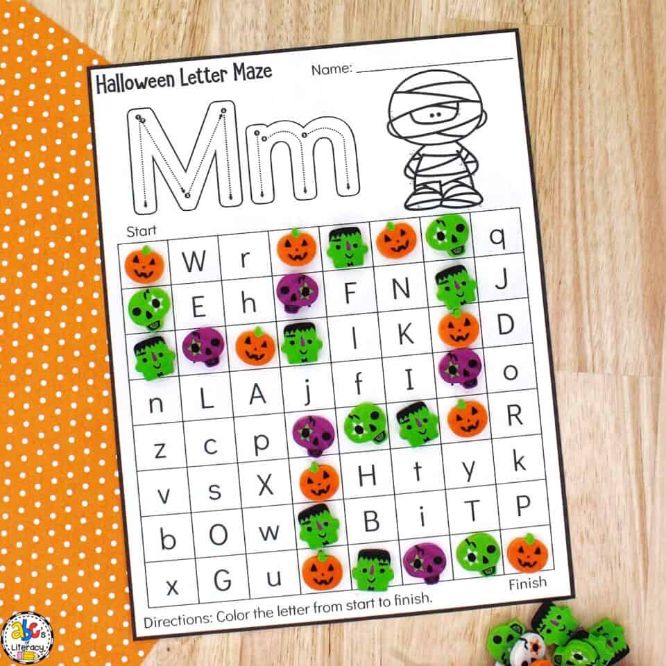 Halloween Letter Maze Preschool Worksheets