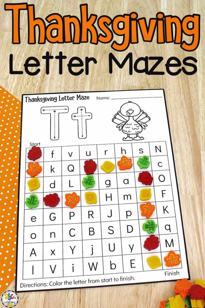 Thanksgiving Letter Maze Preschool Worksheets