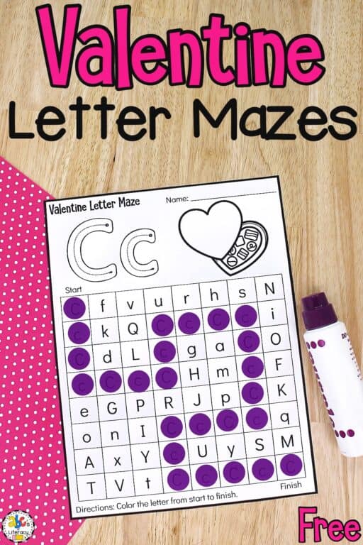 Valentine's Day Letter Maze Preschool Worksheets