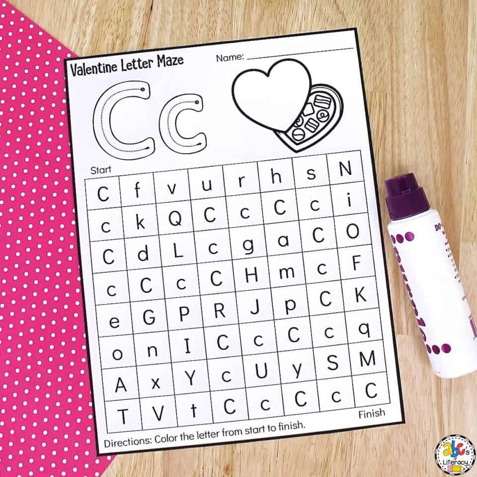Valentine's Day Letter Maze Preschool Worksheets