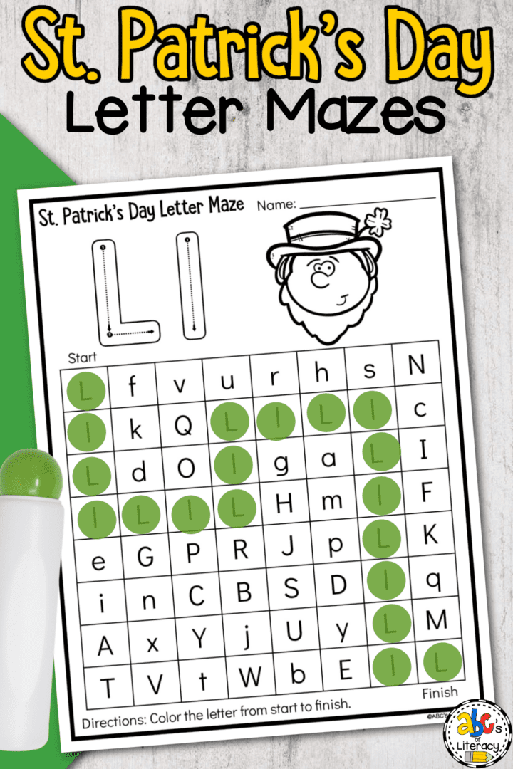St. Patrick's Day Letter Maze Preschool Worksheets