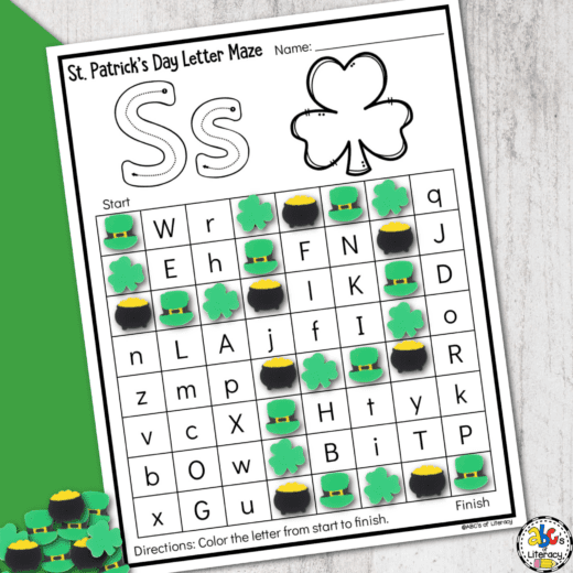 St. Patrick's Day Letter Maze Preschool Worksheets