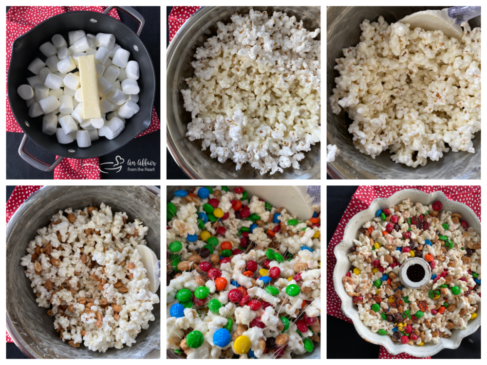 Easy No Bake Popcorn Cake with Marshmallows, M&M's and Peanuts