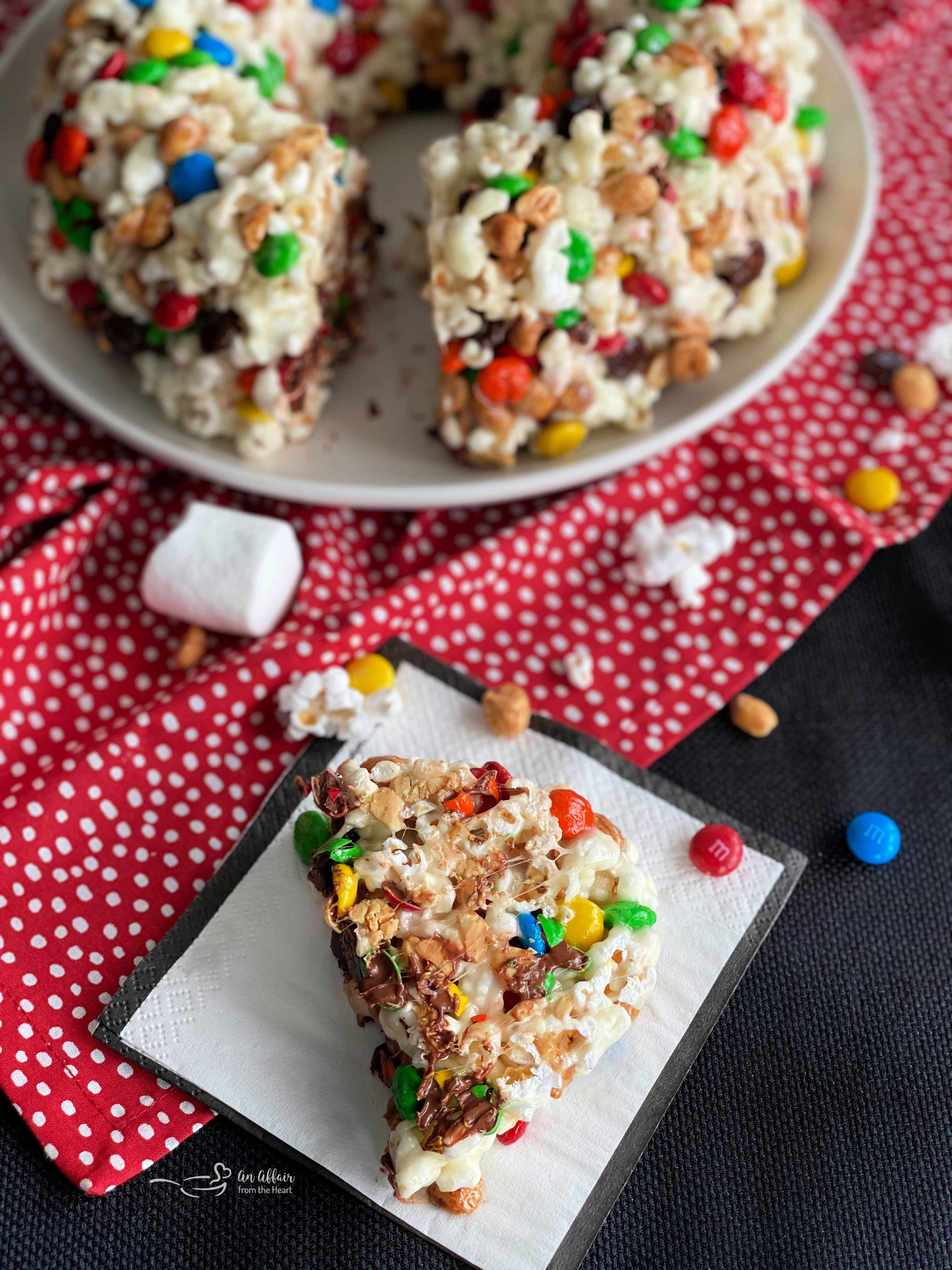 Easy No Bake Popcorn Cake with Marshmallows, M&M's and Peanuts