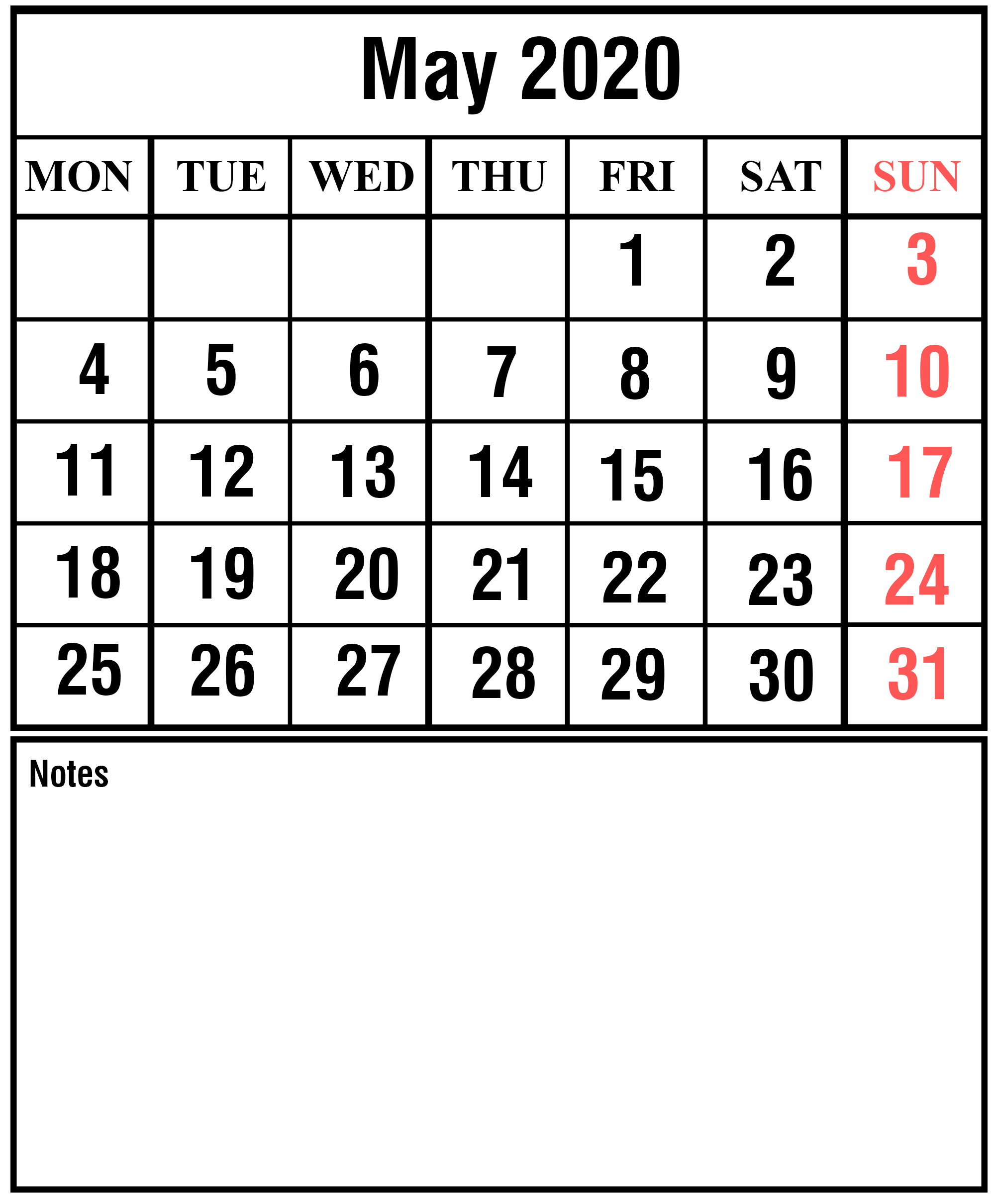Free May 2020 Calendar with Notes - Printable Templates