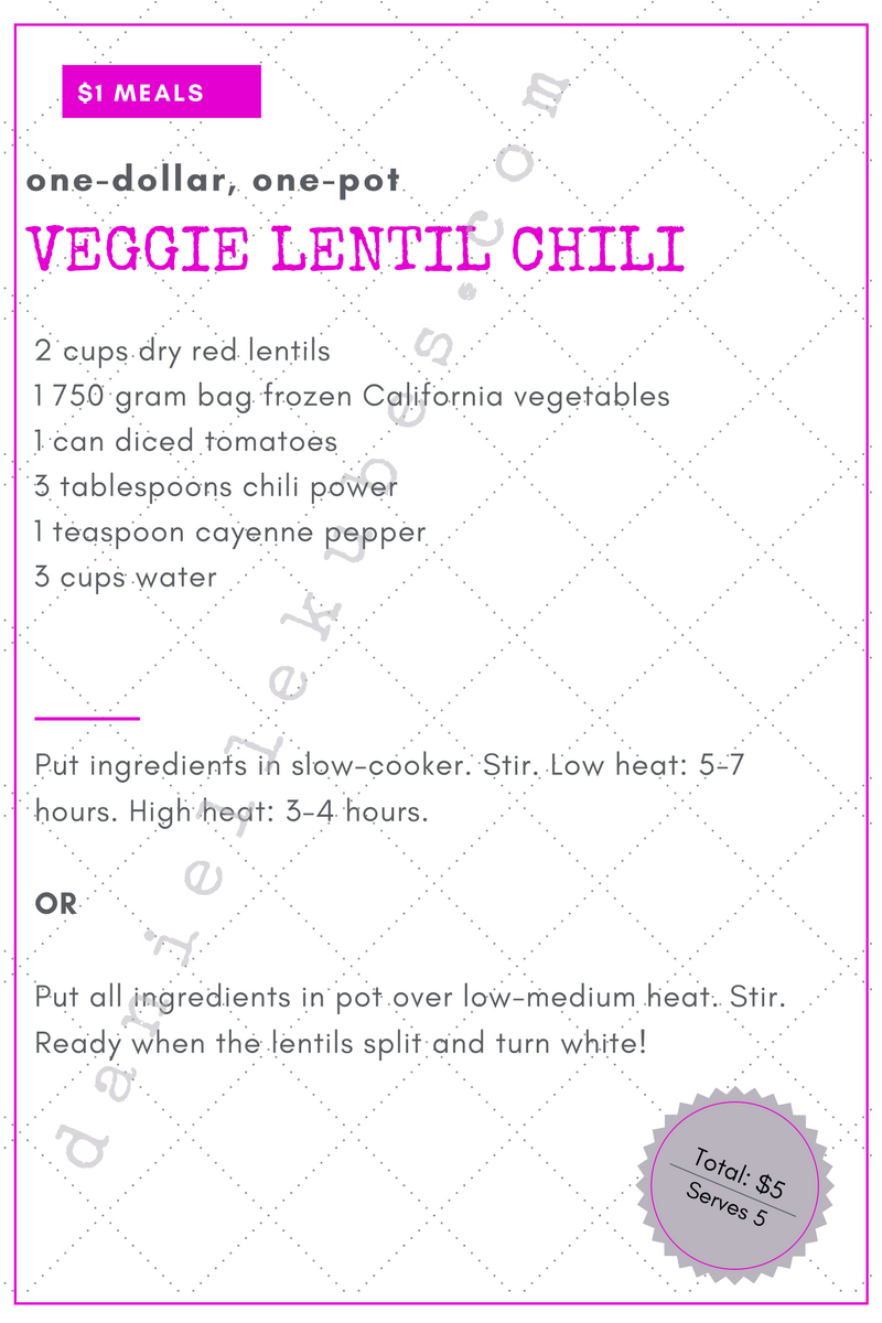 Veggie Lentil Chili: 1-dollar-1-pot meal - Danielle Kubes