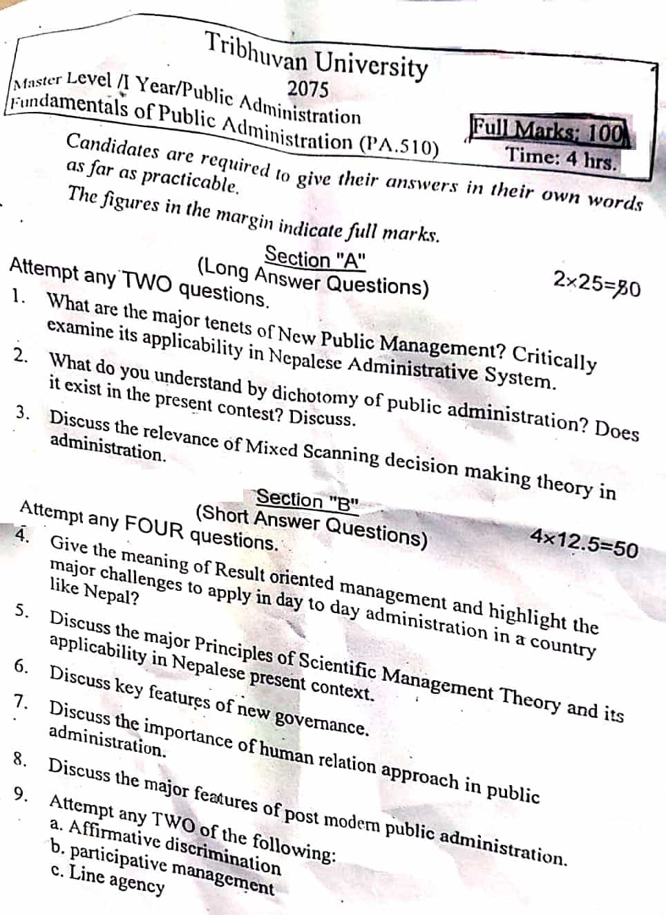 MPA First Year Question 2075 | TU Master Level Question