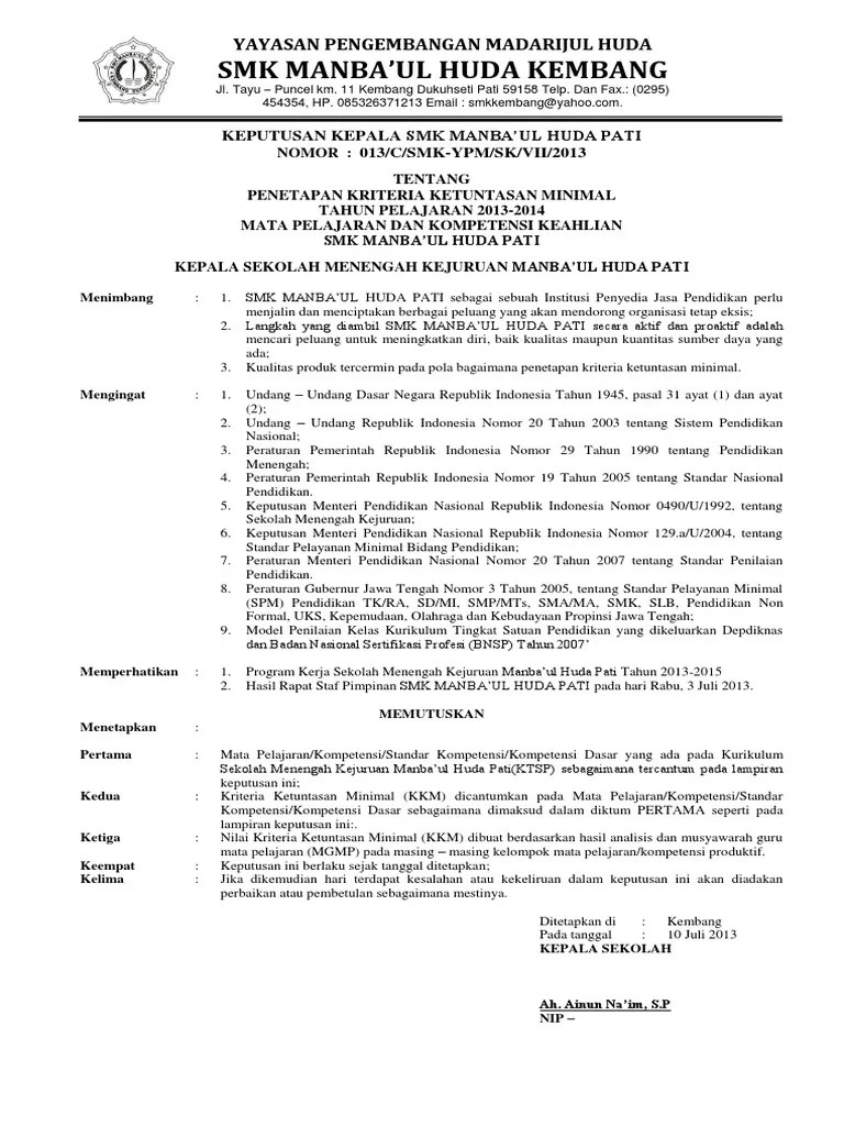 Contoh Sk Penetapan Kkm Sma