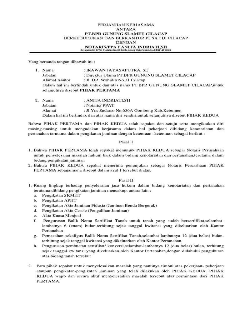 Contoh Surat Perjanjian Kerjasama Notaris Dengan Bank