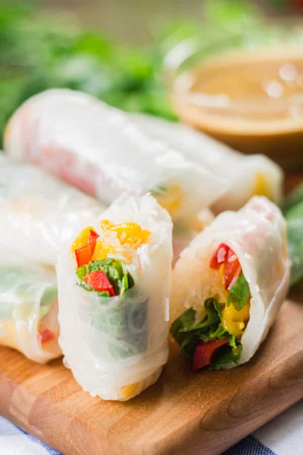 Mango Spring Rolls with Almond Butter Sauce By OhMyVeggies.com