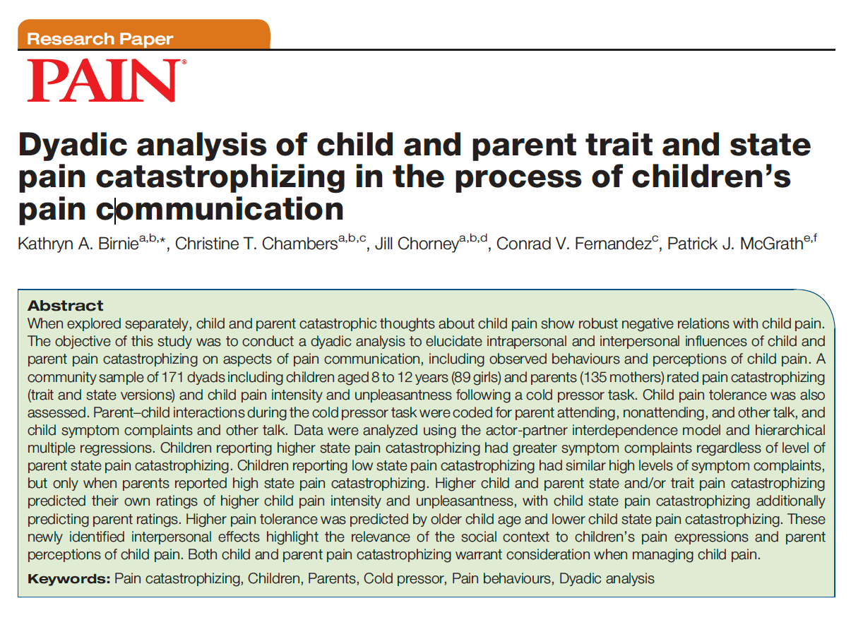 Dyadic analysis of child and parent trait and state pain ...