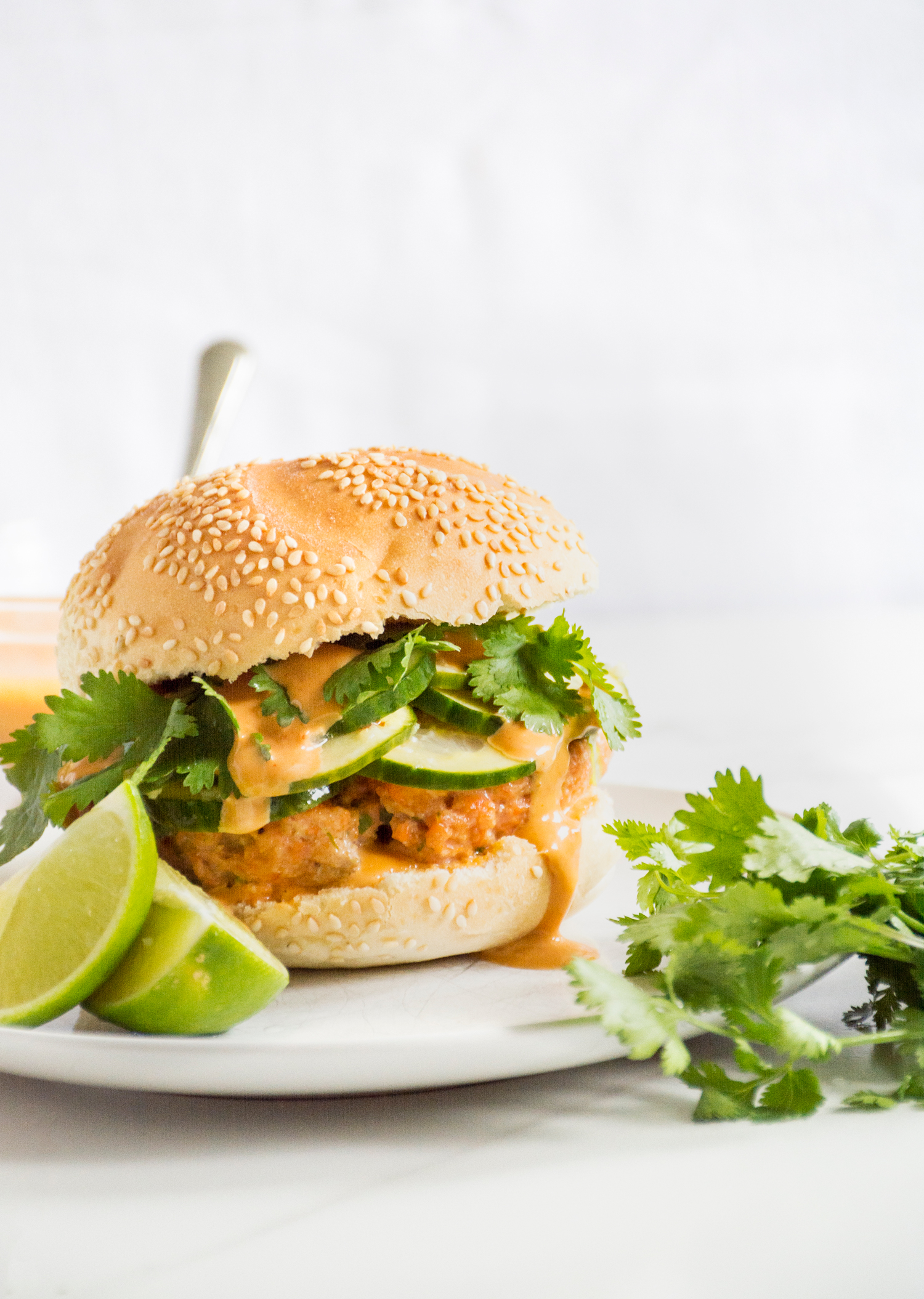 Salmon Burgers with Hoisin Sriracha Mayo & Quick Pickled Cucumbers