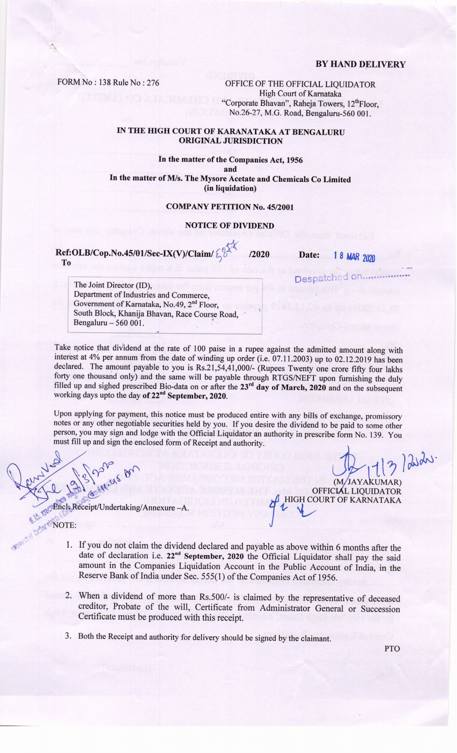 Notice of declaration of dividend at the rate of 100 paise in a rupee ...