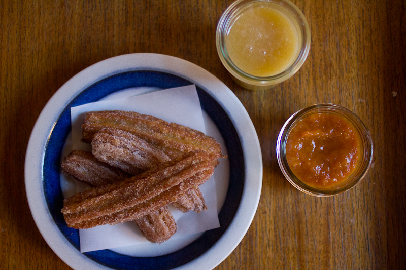 churros with whiskey sauce and peach compote – The Answer is Always Pork