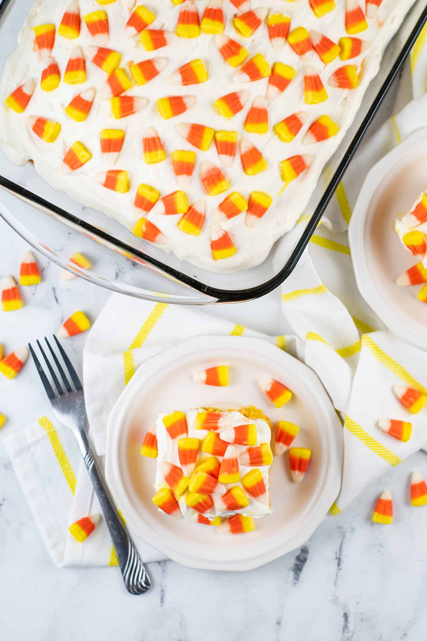 Candy Corn Poke Cake - The Quicker Kitchen
