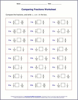 Comparing Fractions With Same Numerator Or Denominator Worksheet 
