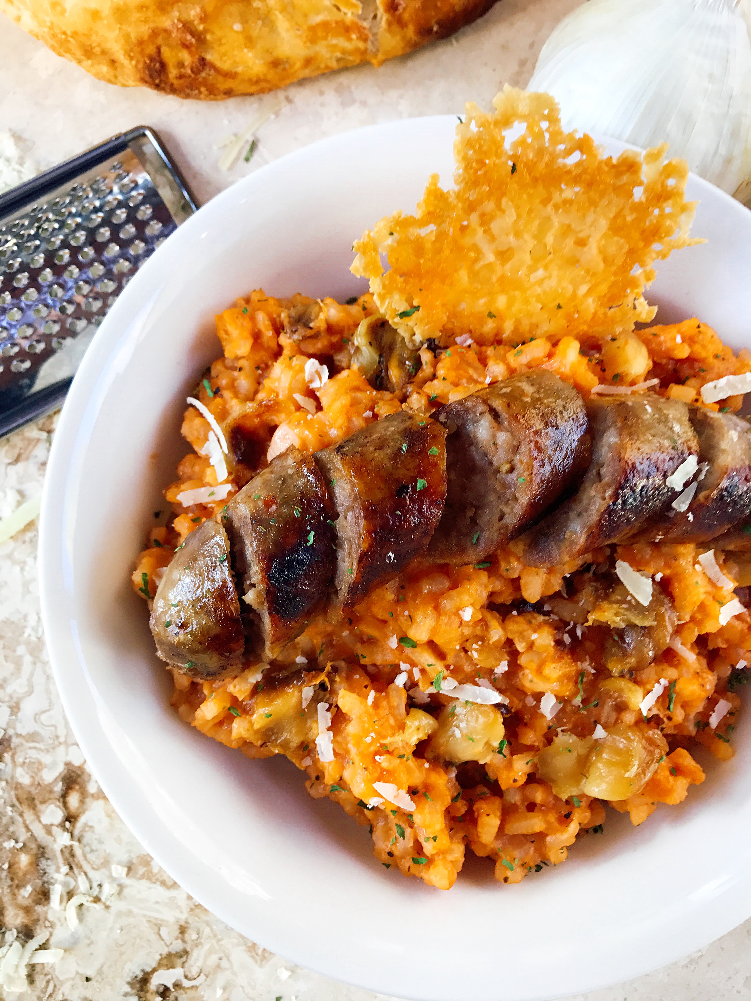Sausage, Tomato, and Roasted Garlic Parmesan Risotto - Three Olives Branch