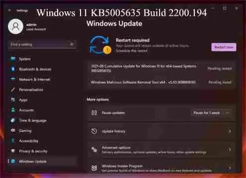 Windows 11 KB5005635 Build 2200.194 Disponibile