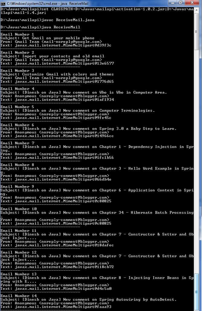 Receiving email using JavaMail API - Dinesh on Java