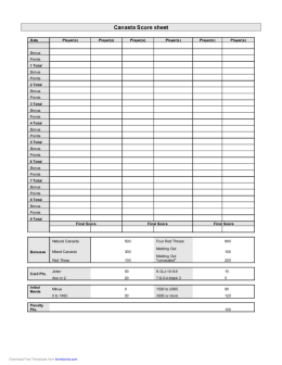 Samba Card Game Score Sheet